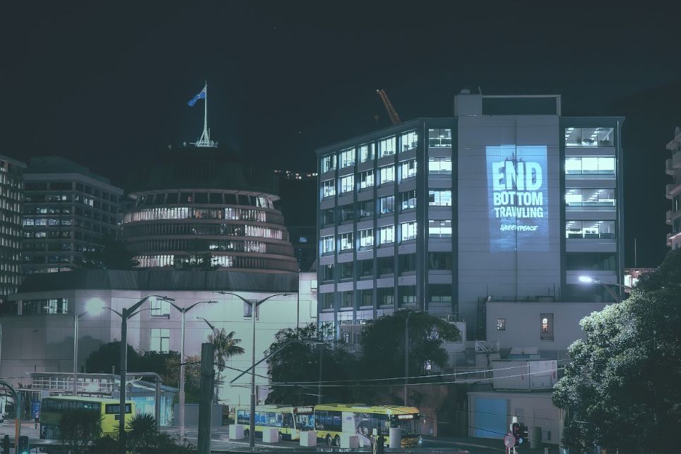 "Bottom Trawling Kills" Message Projected Onto Downtown Wellington ...