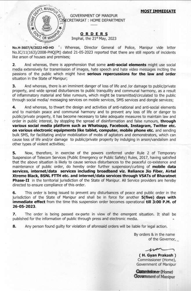Manipur government extends the suspension of internet services across ...