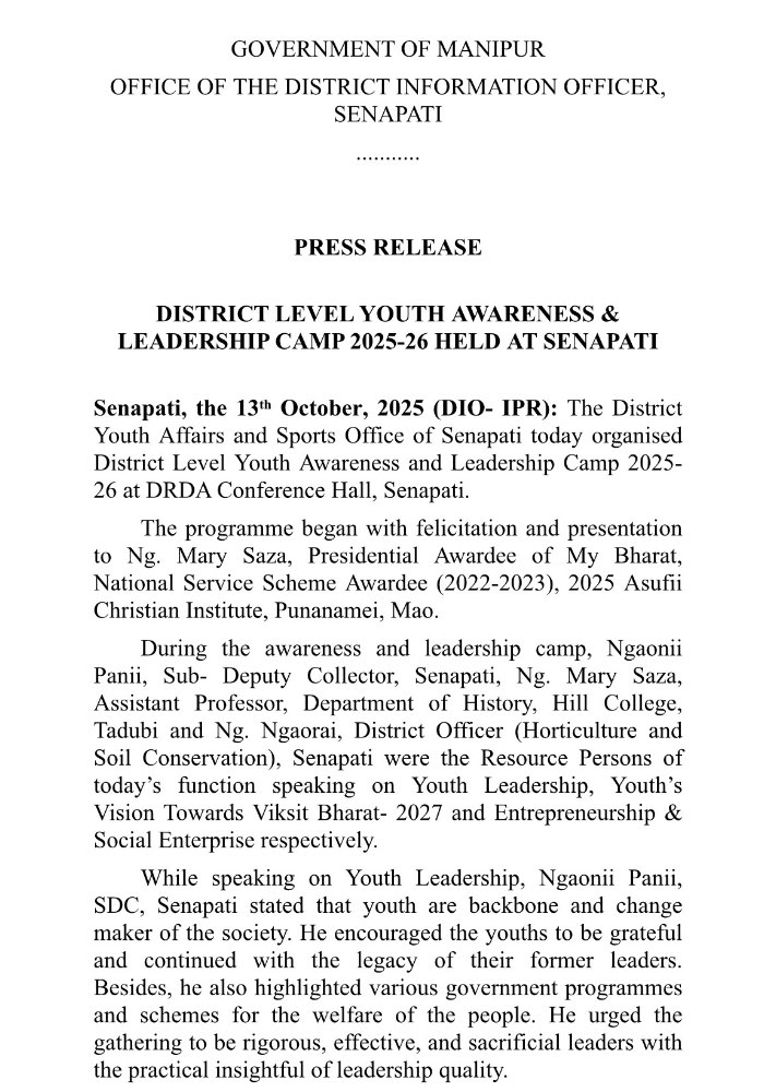 District Level Youth Awareness & Leadership Camp 2025-26 Held at ...