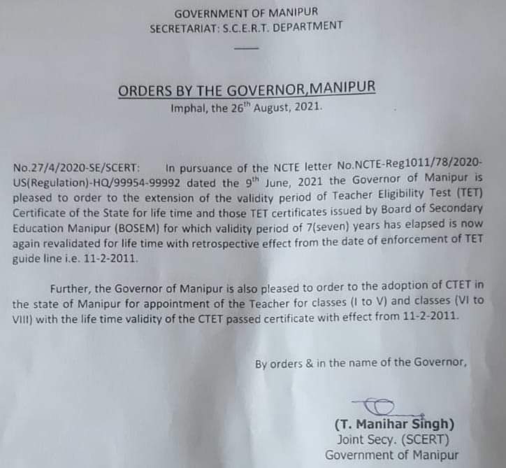 The validity period of Teacher Eligibility Test (TET) Certificate of ...